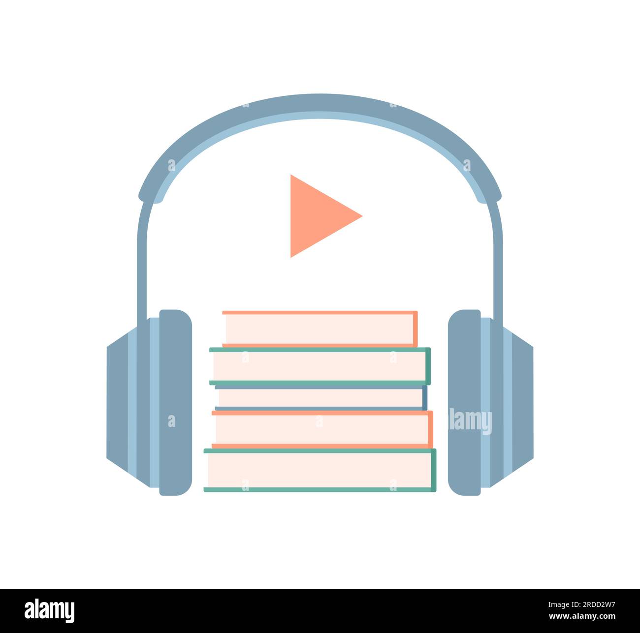 Headphones with stack of books and play button isolated on white ...