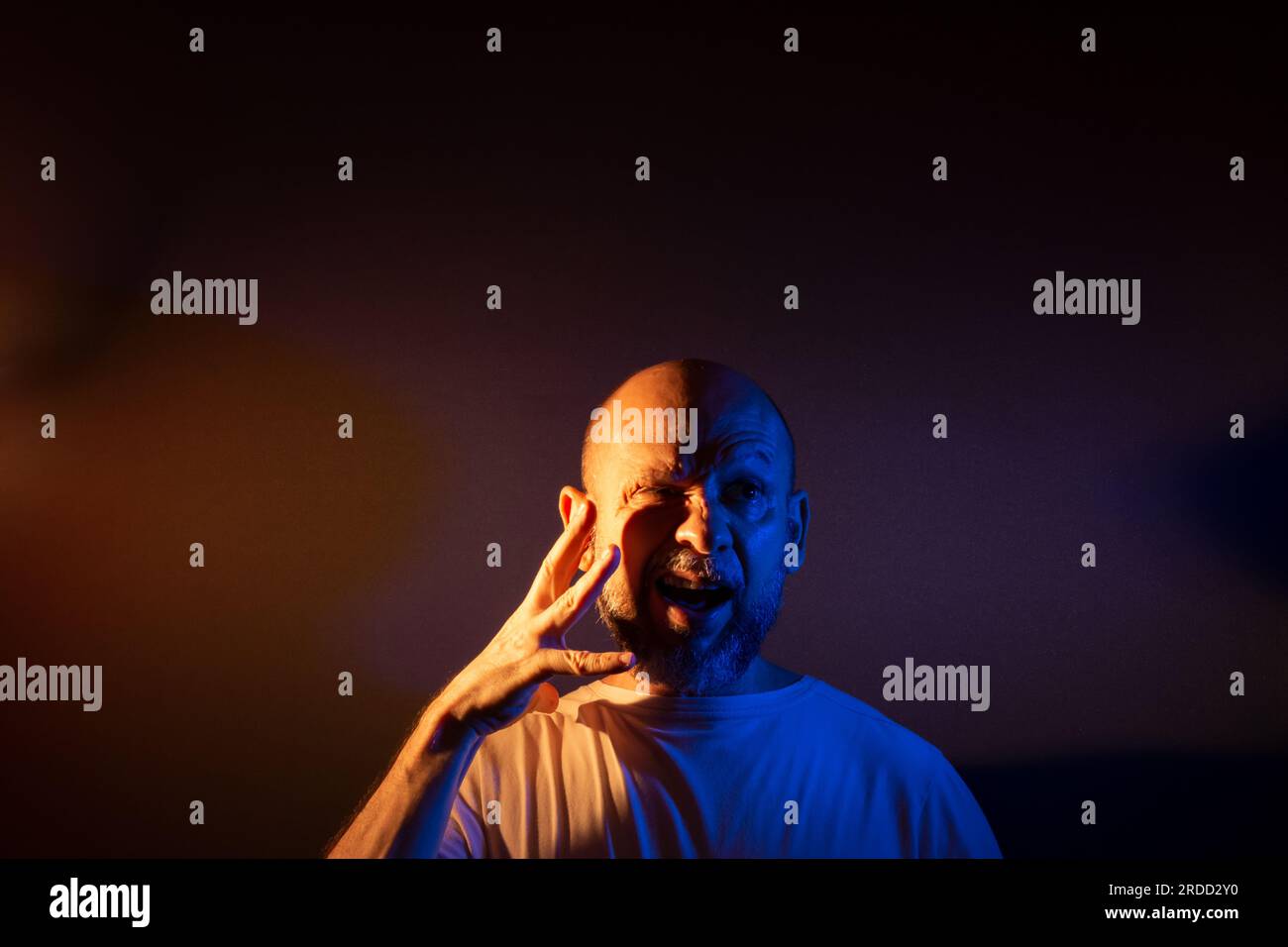 Funny bearded bald man doing different expressions and gestures. Happy ...
