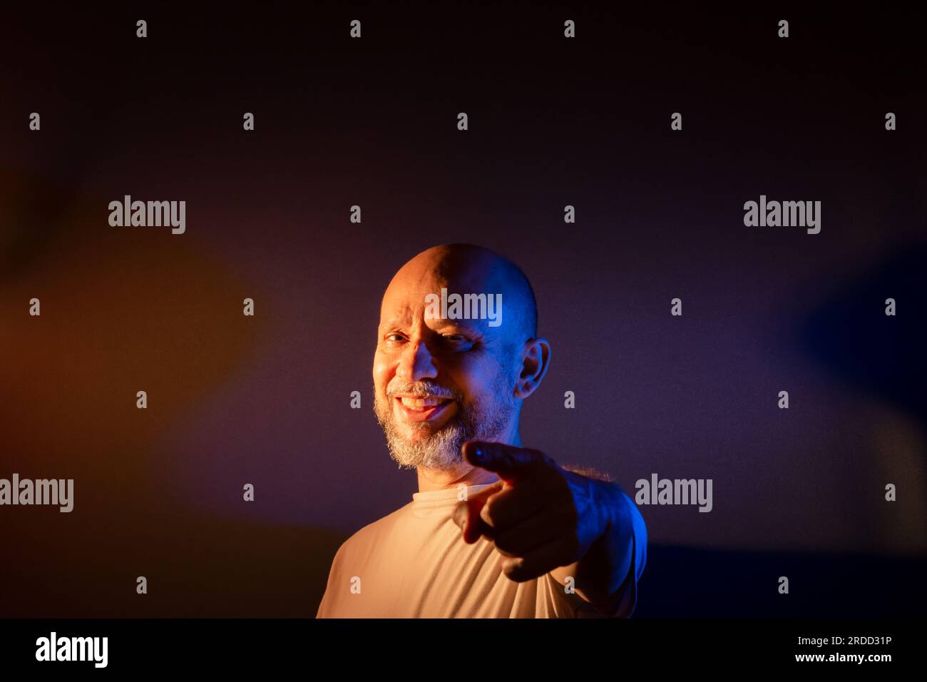 Funny bearded bald man doing different expressions and gestures. Happy ...