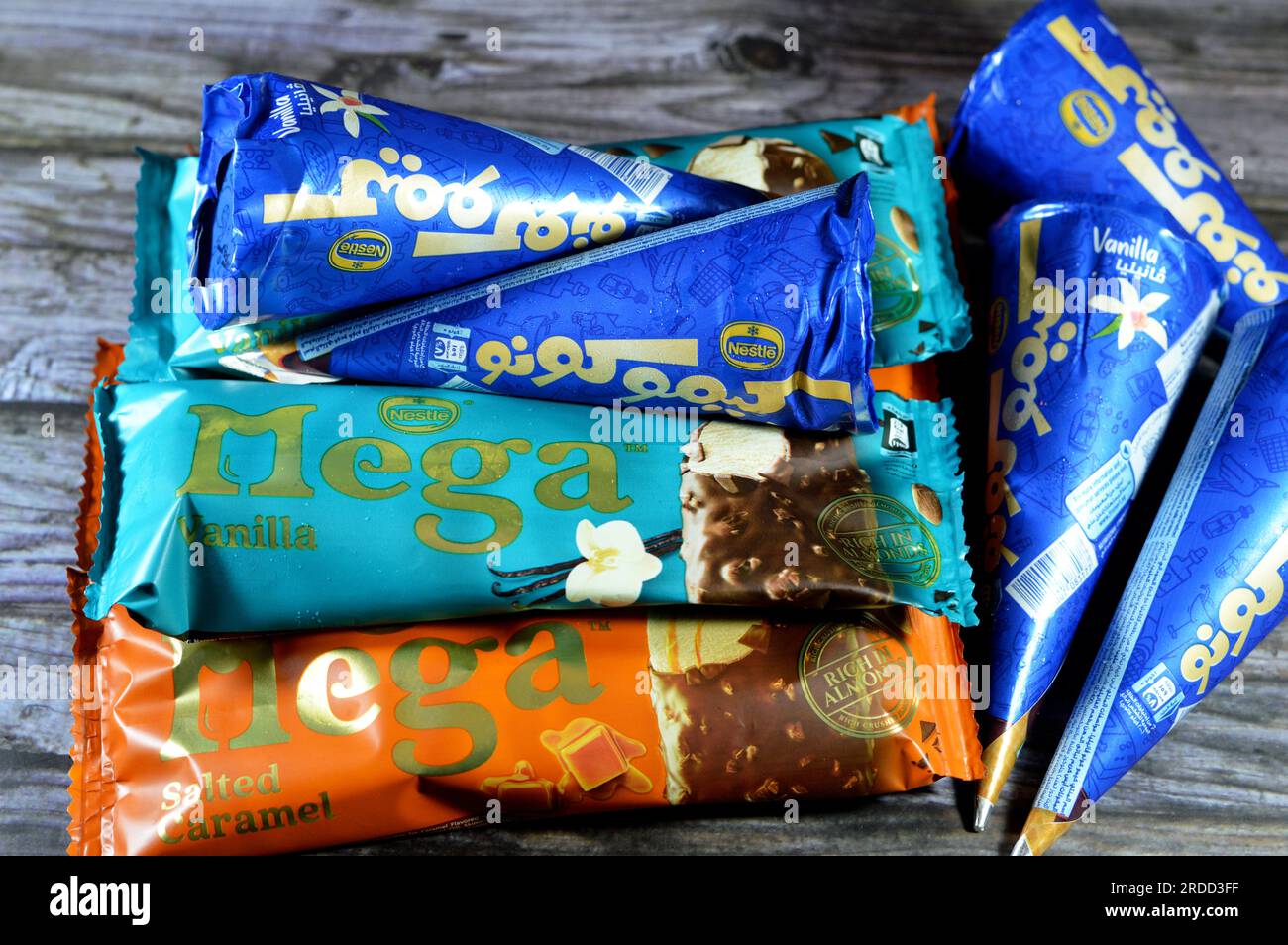 Cairo, Egypt, July 15 2023: Nestle Mega Salted Caramel and Vanilla ...