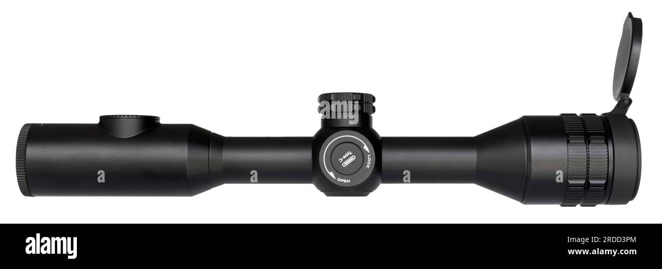 Night vision rifle scope with cover open on its infrared sensor that ...