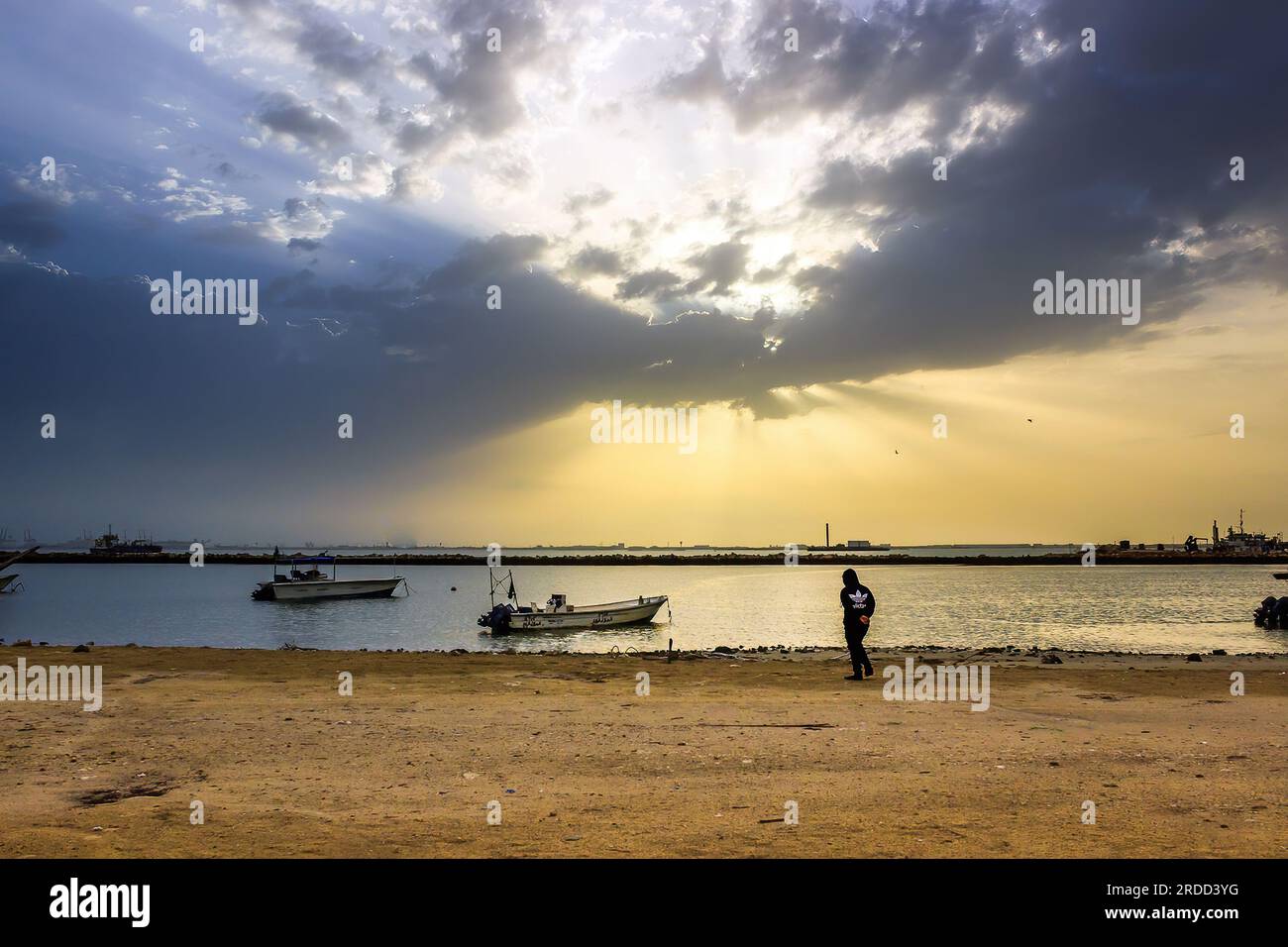 Boats on Dammam sea side with sunrise background view. Dammam, Saudi ...