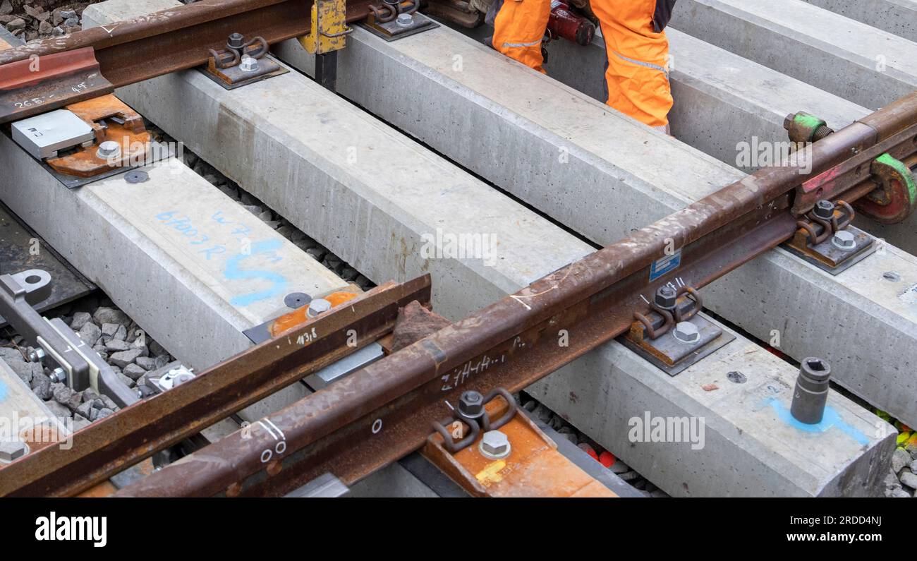railway construction site of track junction close up Stock Photo - Alamy