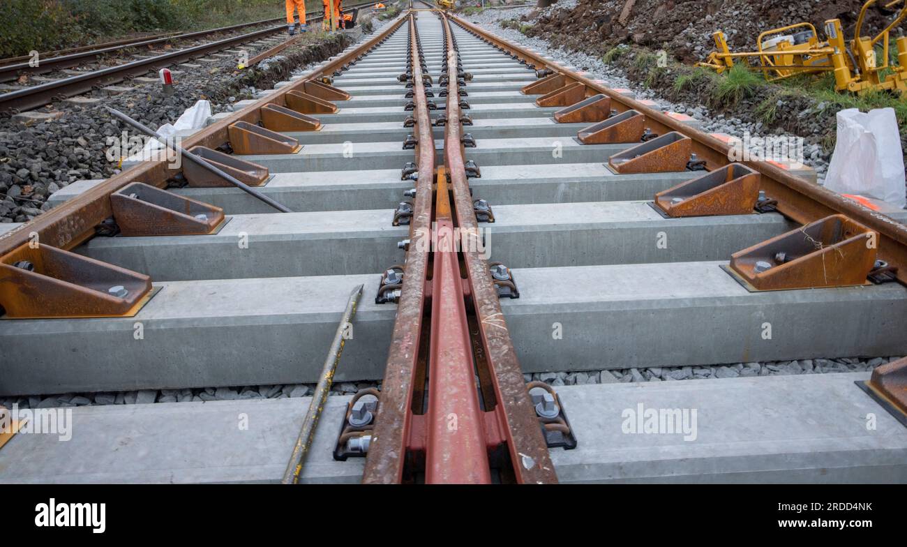 railway construction site of track junction in horizontal view Stock ...