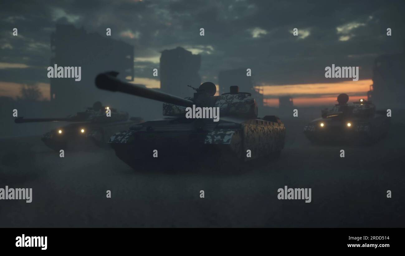 Tanks among the destroyed city. The invasion of tank equipment on ...