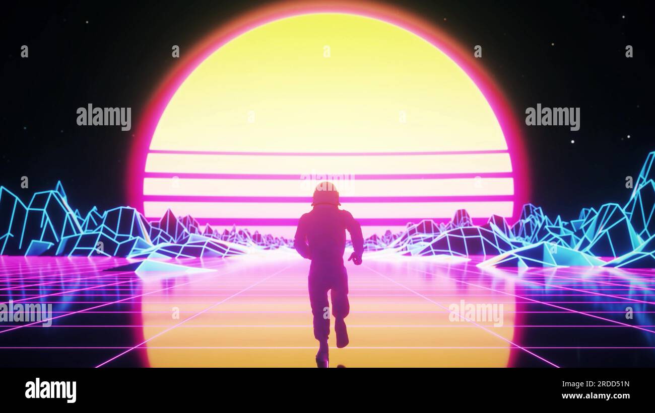 Astronaut runs surrounded by flashing neon lights. Retro 80s style ...
