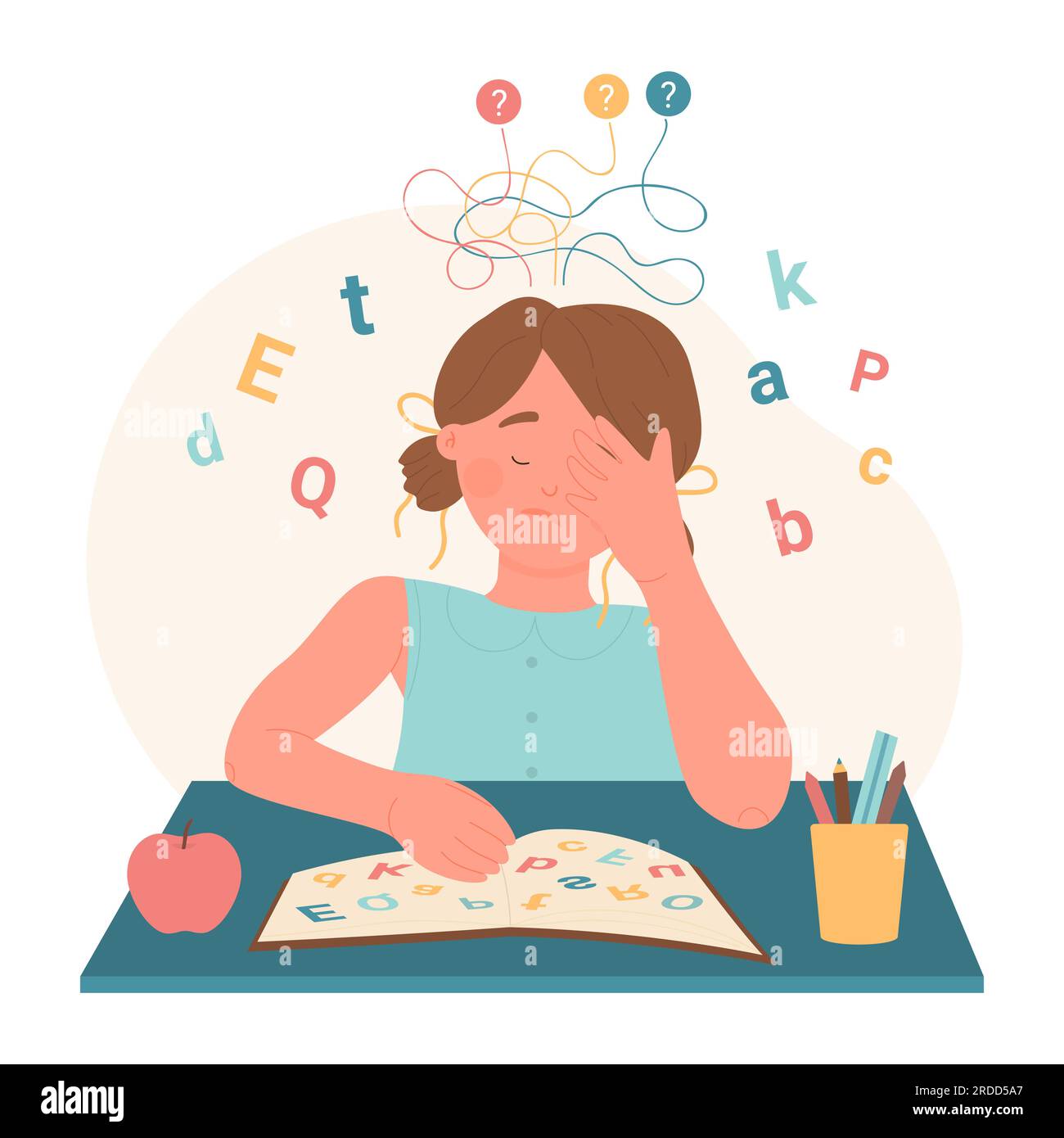 Cartoon dyslexic girl sitting at desk with cloud of letters and book to ...