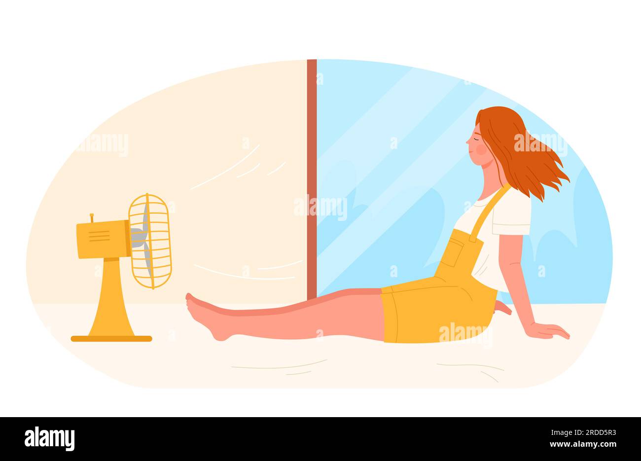 Cartoon isolated hot summer scene with woman. Girl cooling at electric ...