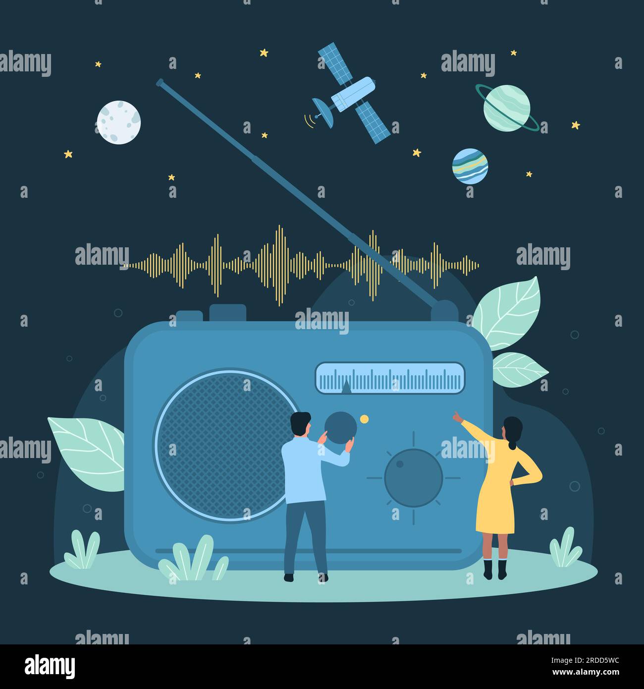 Cartoon tiny people listen broadcast or music with vintage radio ...