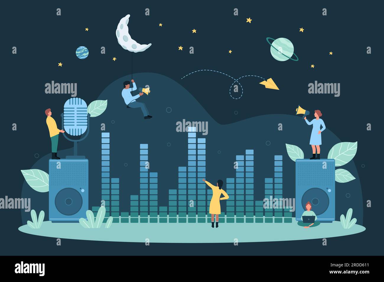 Cartoon tiny people listen and record music and voice with big ...