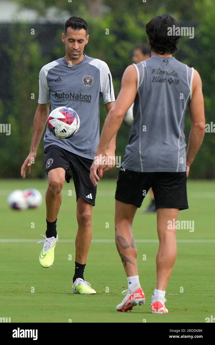 Inter Miami midfielder Sergio Busquets, left, does drills during ...