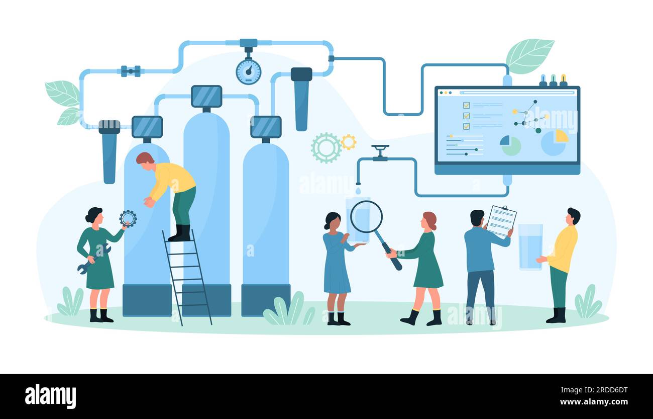 Water treatment quality control vector illustration. Cartoon tiny ...