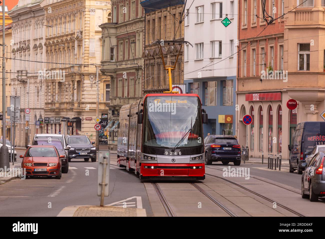 PRAGUE, CZECH REPUBLIC, EUROPE - Tram on street approaches Strossmayer ...