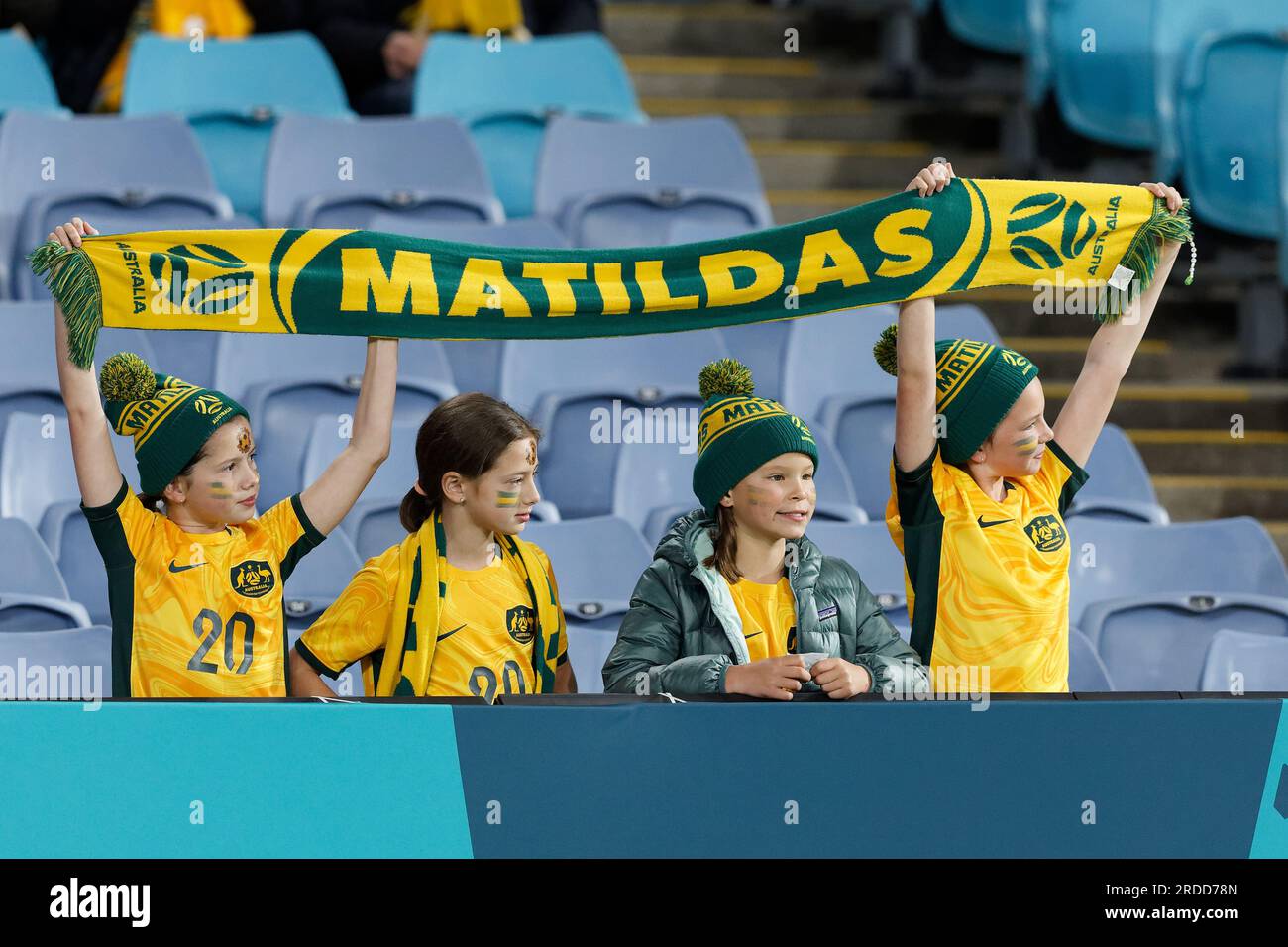 Sydney, Australia. 20th July, 2023. Young Matildas fans show their ...