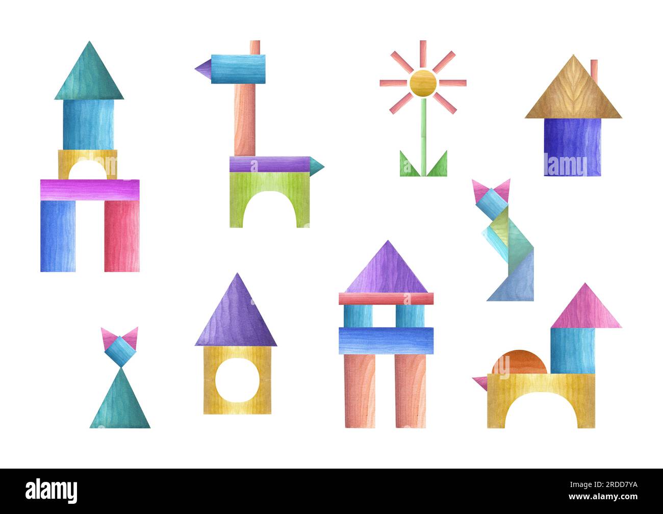 Set of watercolor wooden bricks isolated on white background. tangram ...