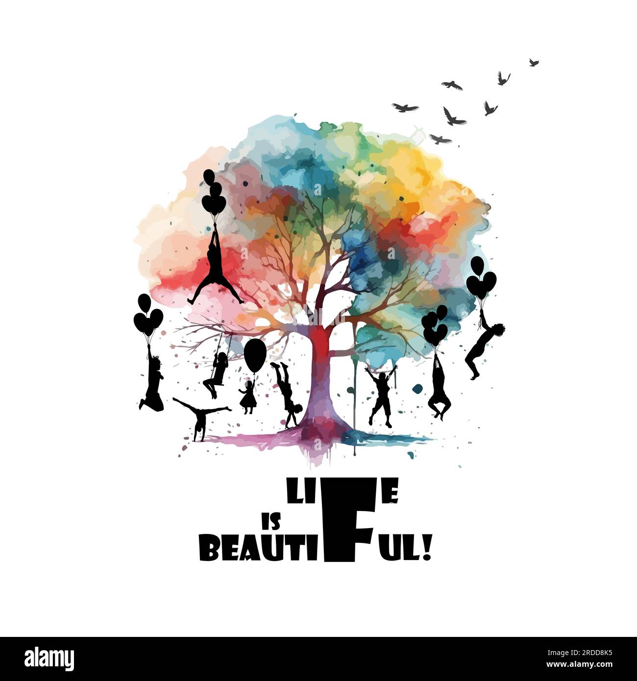 Life is Beautiful, rainbow tree. Mixed media. Children play in summer ...