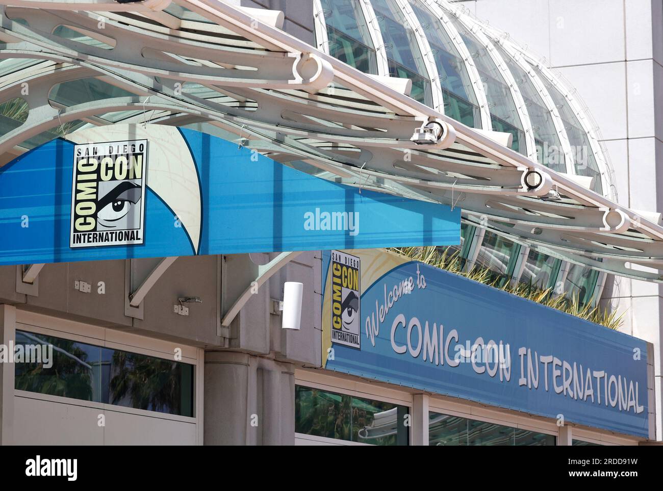 Event signage appears outside the convention center at Comic-Con ...