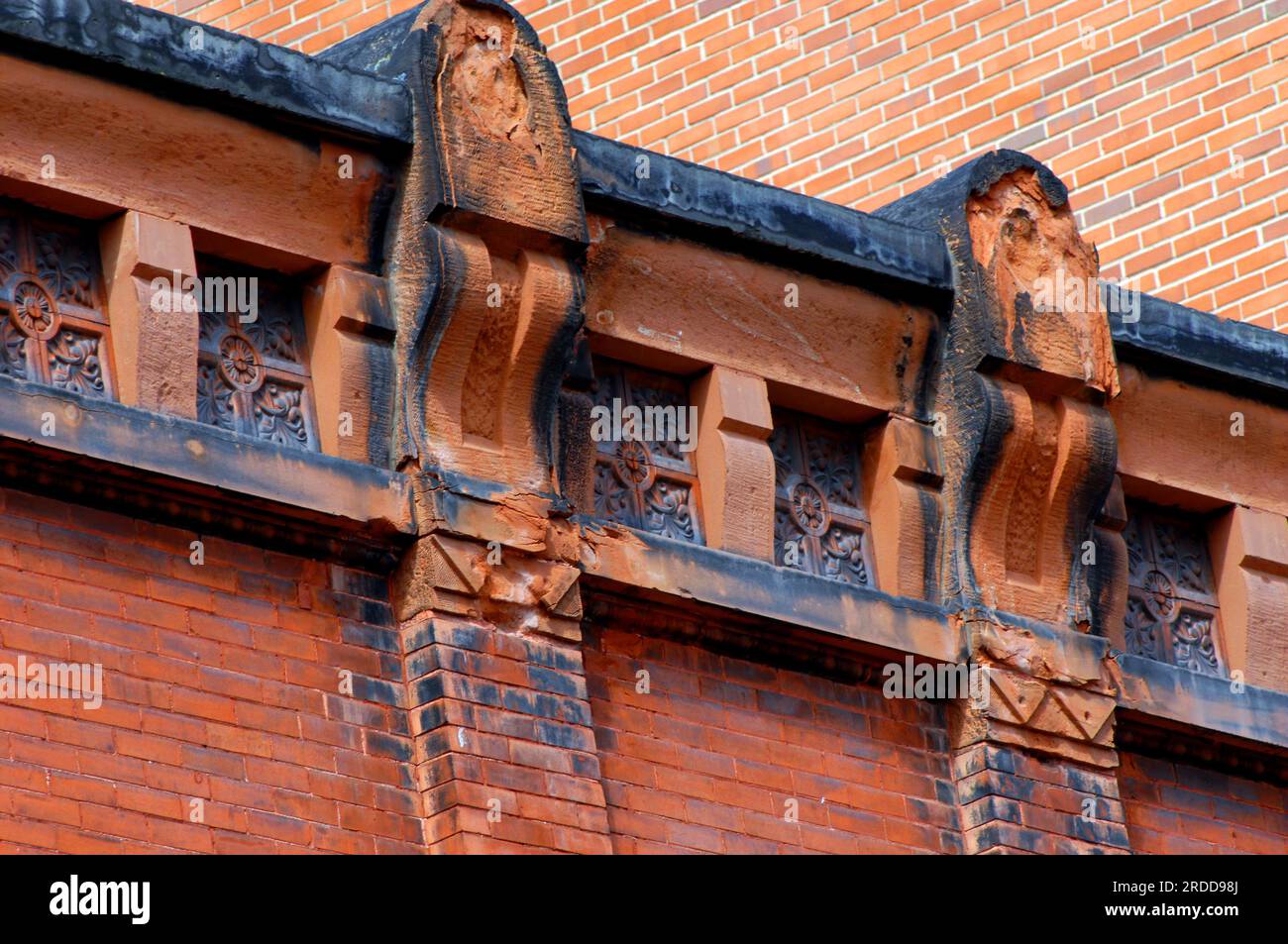 Sandstone designs in roofline of building in Hancock, Michigan, are ...