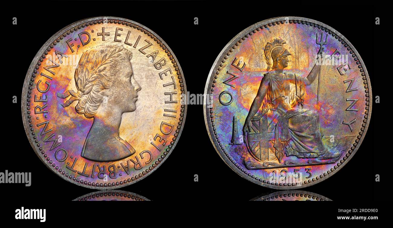 1953 One Penny with rainbow toning. The obverse features the first coin ...
