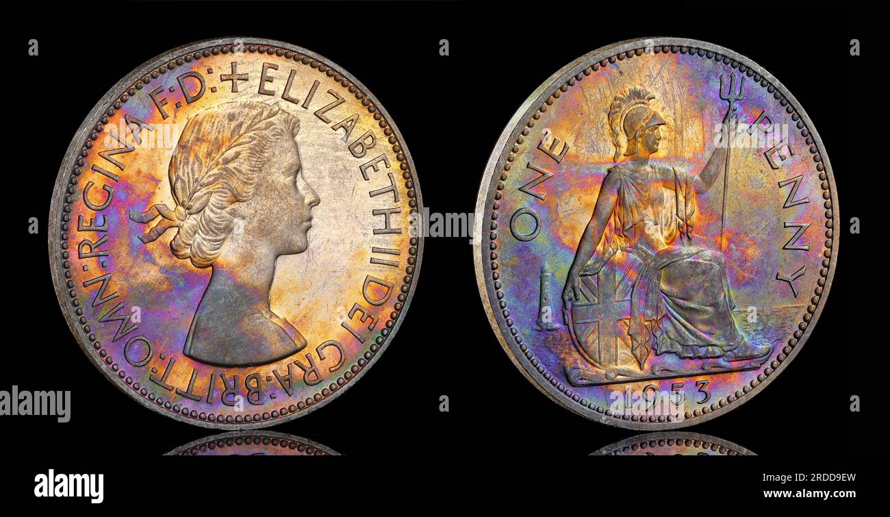 1953 One Penny with rainbow toning. The obverse features the first coin ...