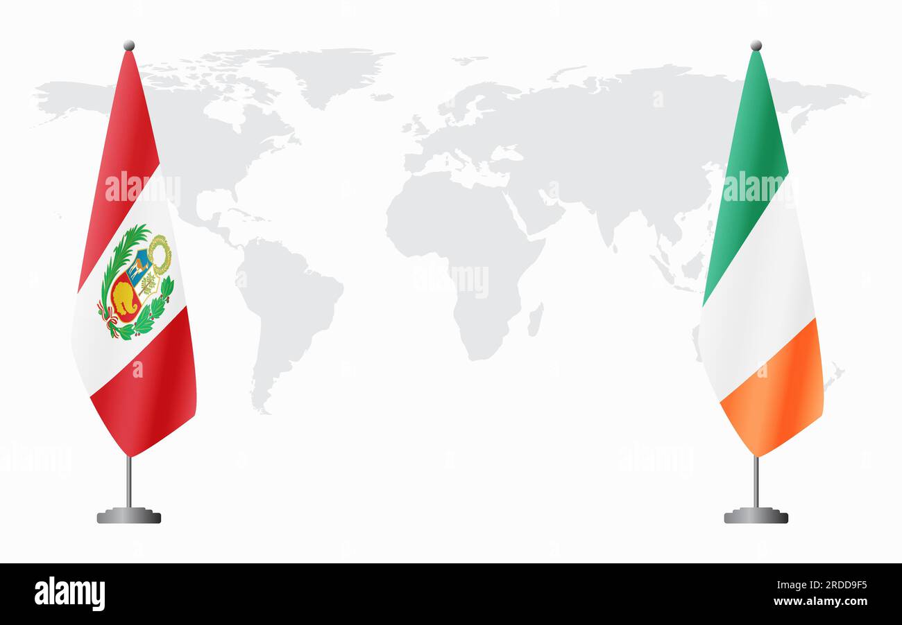 Peru and Ireland flags for official meeting against background of world ...