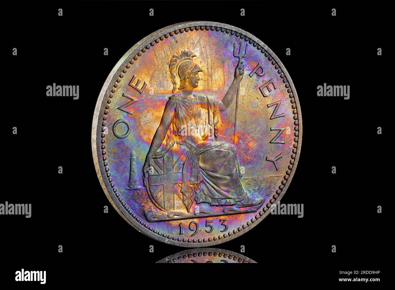 1953 One Penny with rainbow toning. The obverse features the first coin ...
