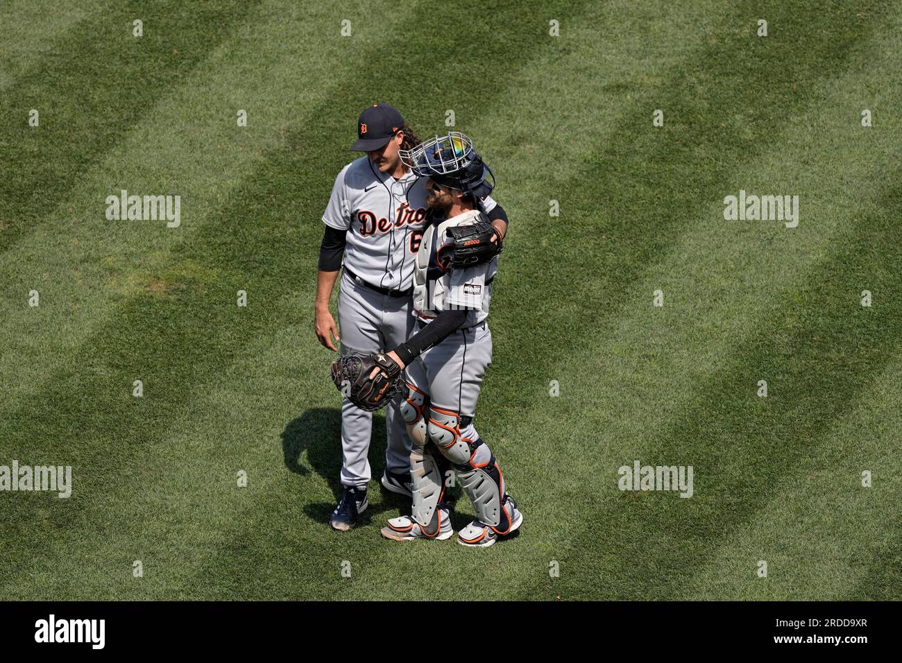 Detroit Tigers relief pitcher Jason Foley, left, and catcher Eric Haase ...