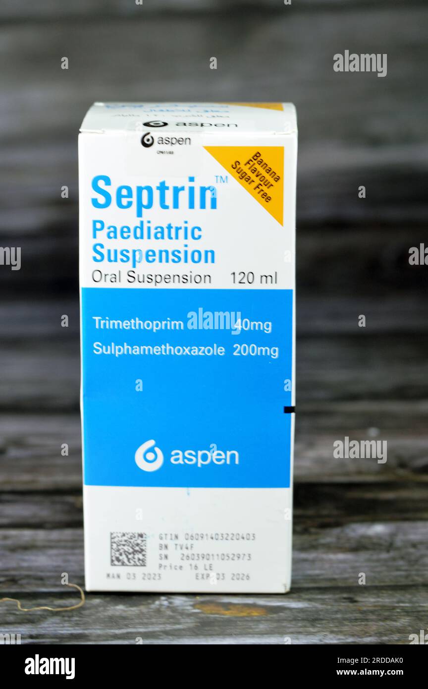 Cairo, Egypt, July 10 2023: Septrin 40mg 200mg per 5ml Paediatric ...