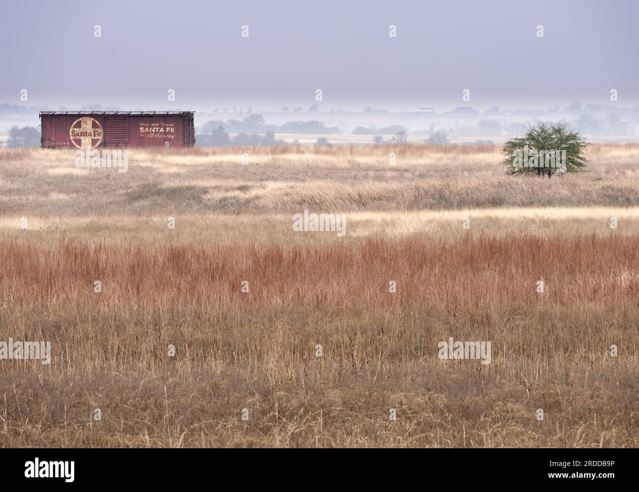 Long abandoned rusting railroad boxcar set apart in wide open field ...