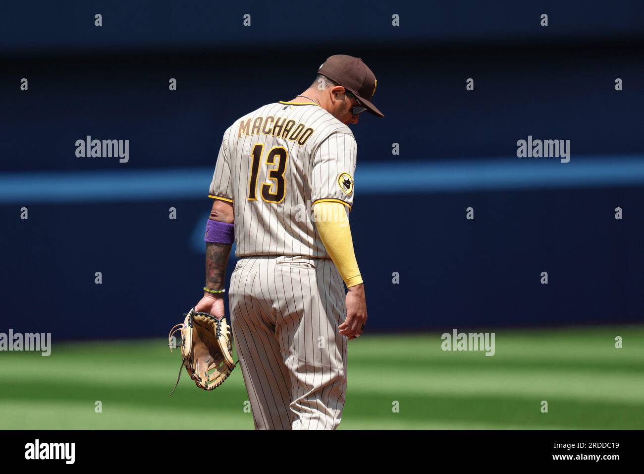San Diego Padres third baseman Manny Machado reacts during his team's 4 ...