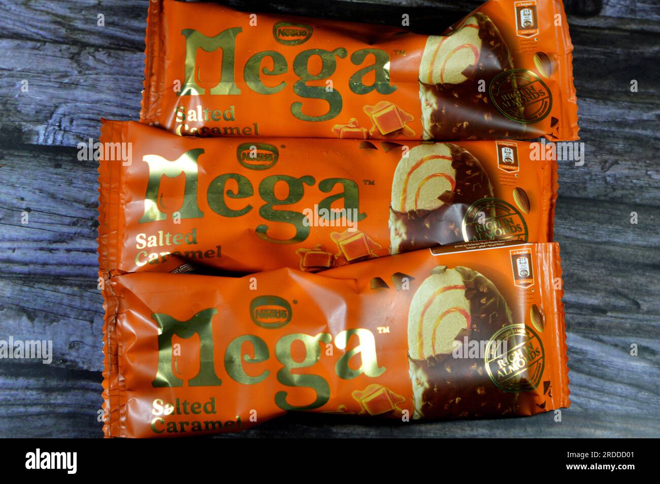 Cairo, Egypt, July 15 2023: Nestle Mega Salted Caramel ice cream stick ...