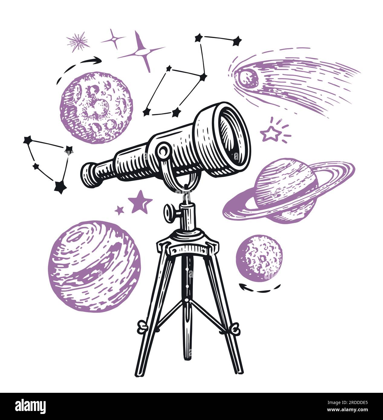 Telescope watching at the stars and planets. Astronomy, space exploration concept. Sketch vector ...