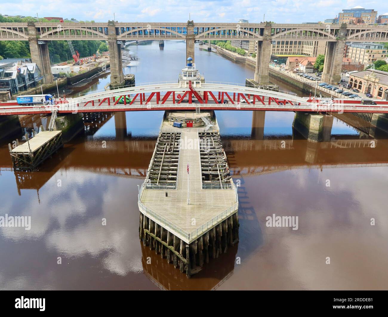 Newcastle, UK - 20 July 2023 : The red swing bridge over the river Tyne ...
