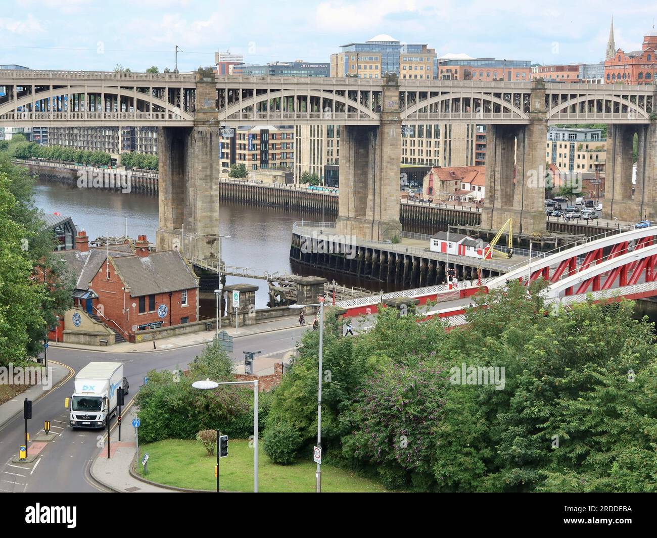 Newcastle, UK - 20 July 2023 : High level road and railway bridge over ...