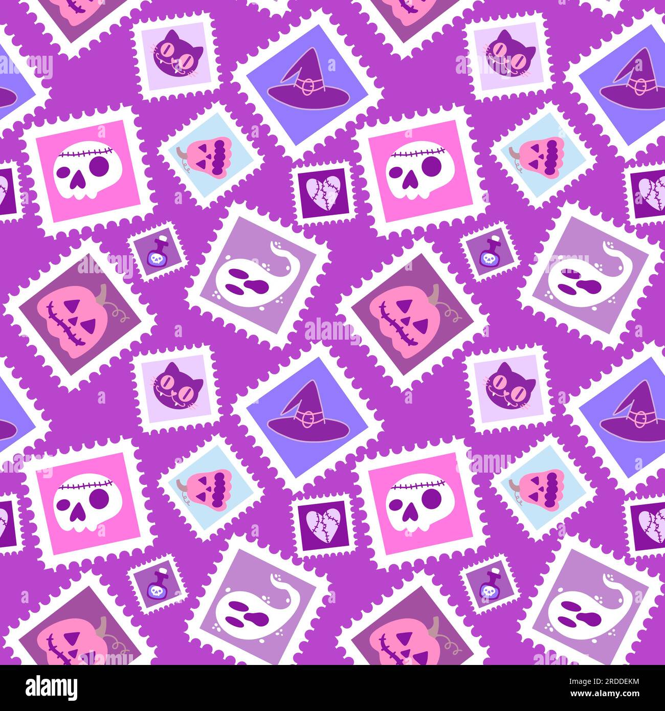 Postage stamps cartoon seamless Halloween pumpkins and ghost and poison ...