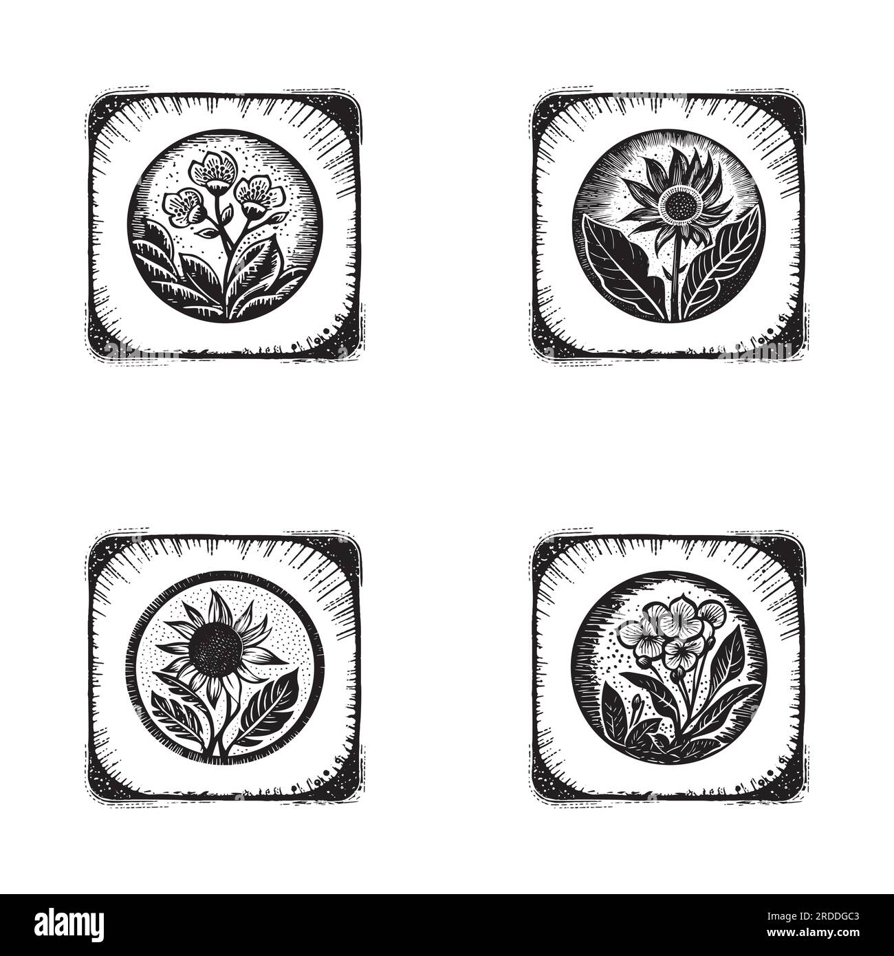 Nordic linocut floral in rustic frame motif for quirky logo set. Hand ...