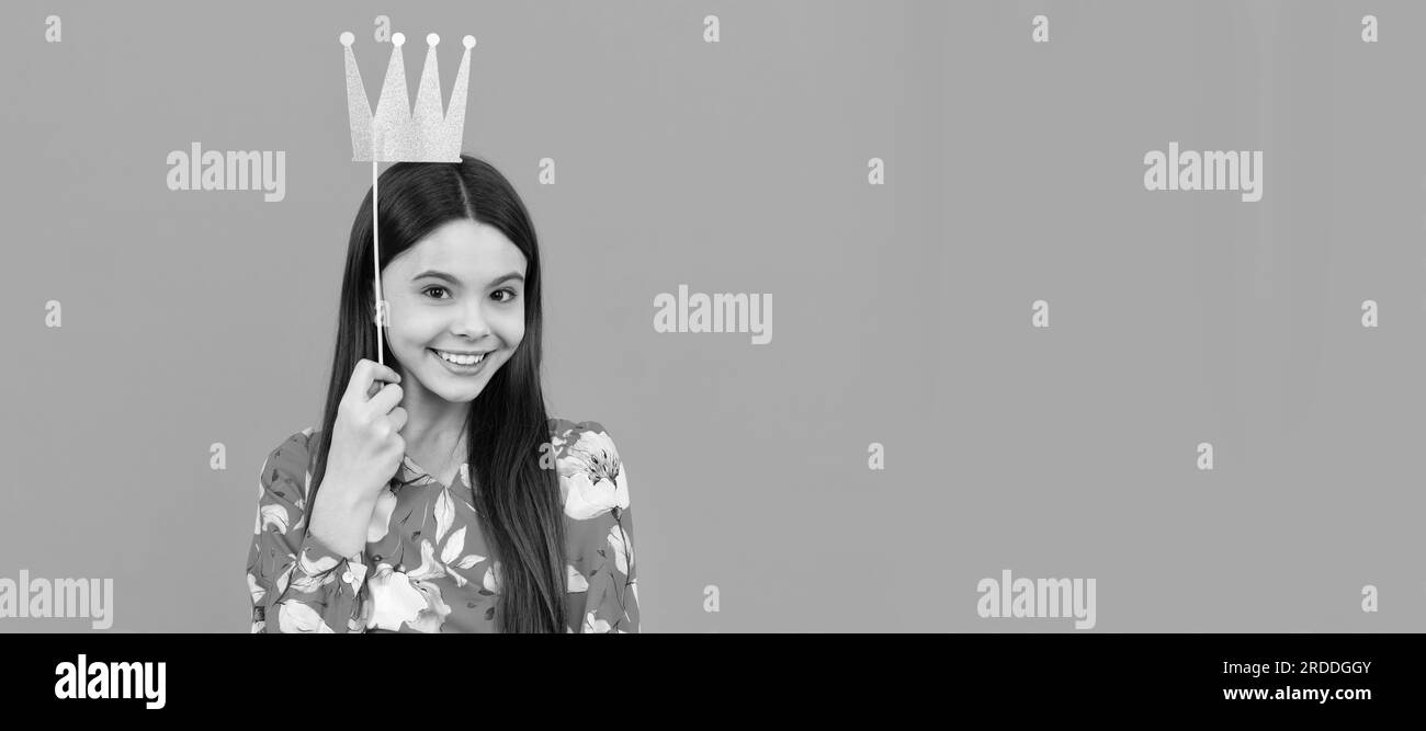 Prom party. Happy girl hold paper crown. Prom queen blue background ...