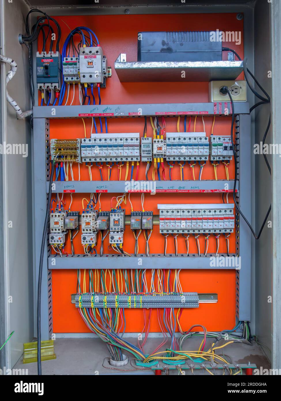 Close-up view of the complex circuit box of a car shop with the ...