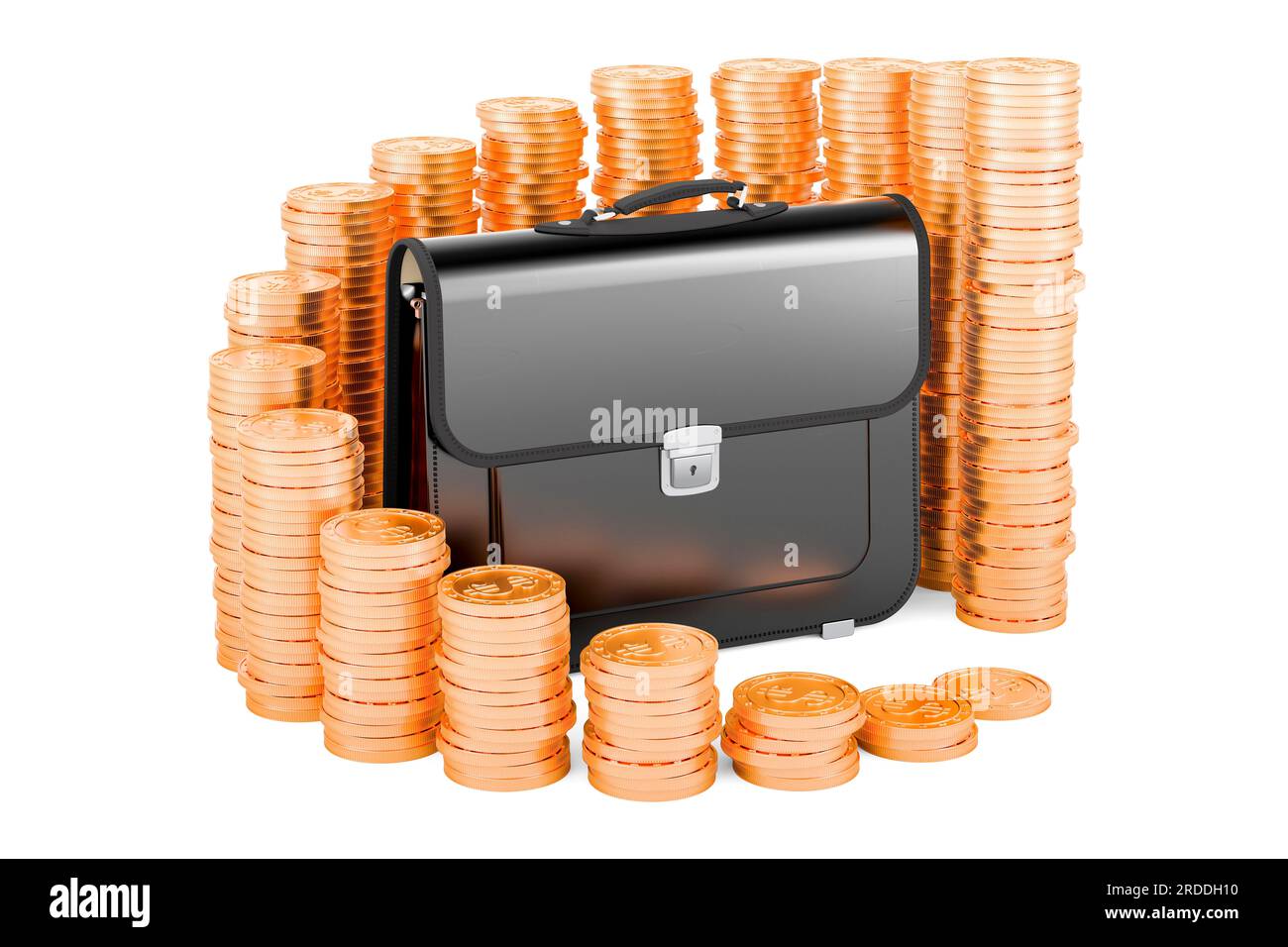 Briefcase with growing chart from gold coins around, 3D rendering ...