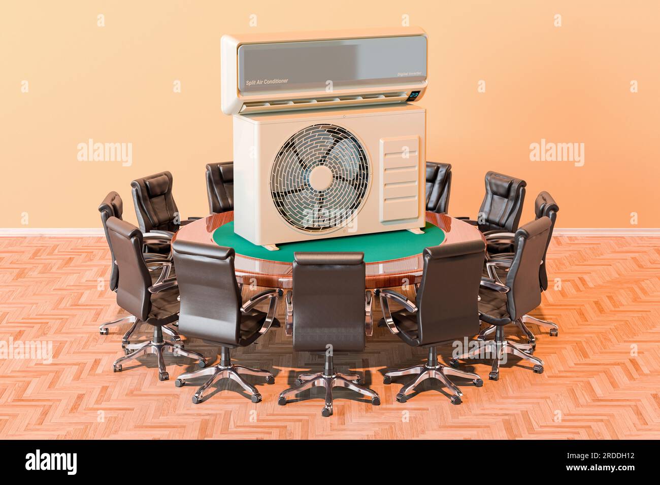 Round table with air conditioner and armchairs around, 3D rendering ...