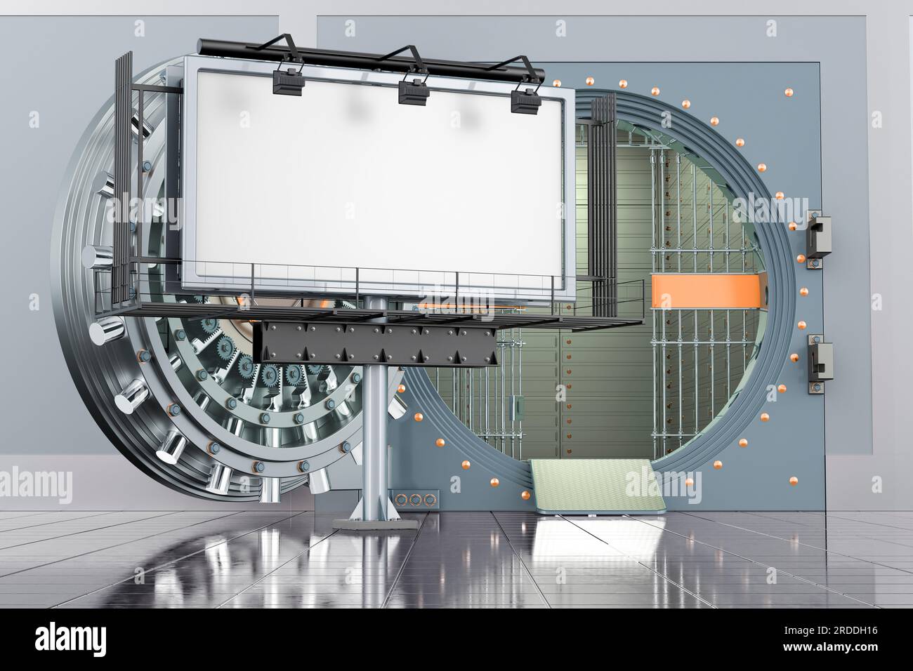 Advertising billboard with opened bank vault, 3D rendering Stock Photo ...