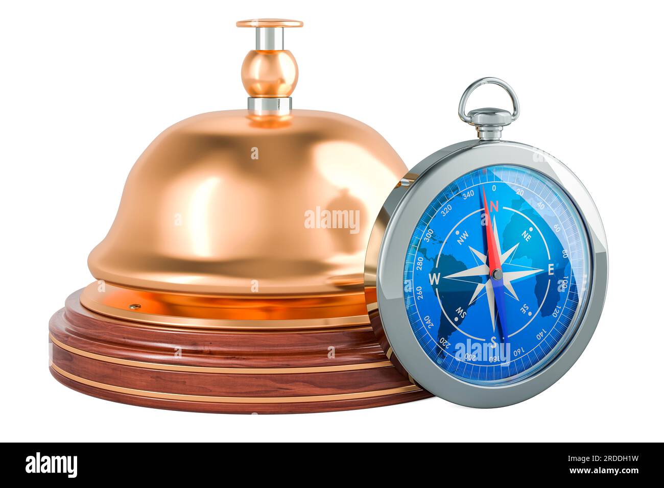 Compass with reception bell. Booking service and travel concept, 3D ...