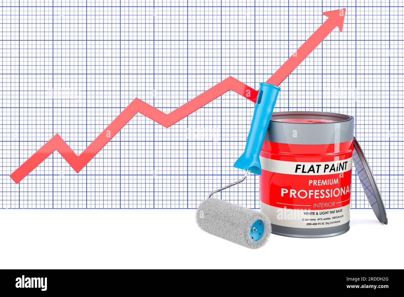 Paint can and roller brush with growing chart, 3D rendering isolated on ...