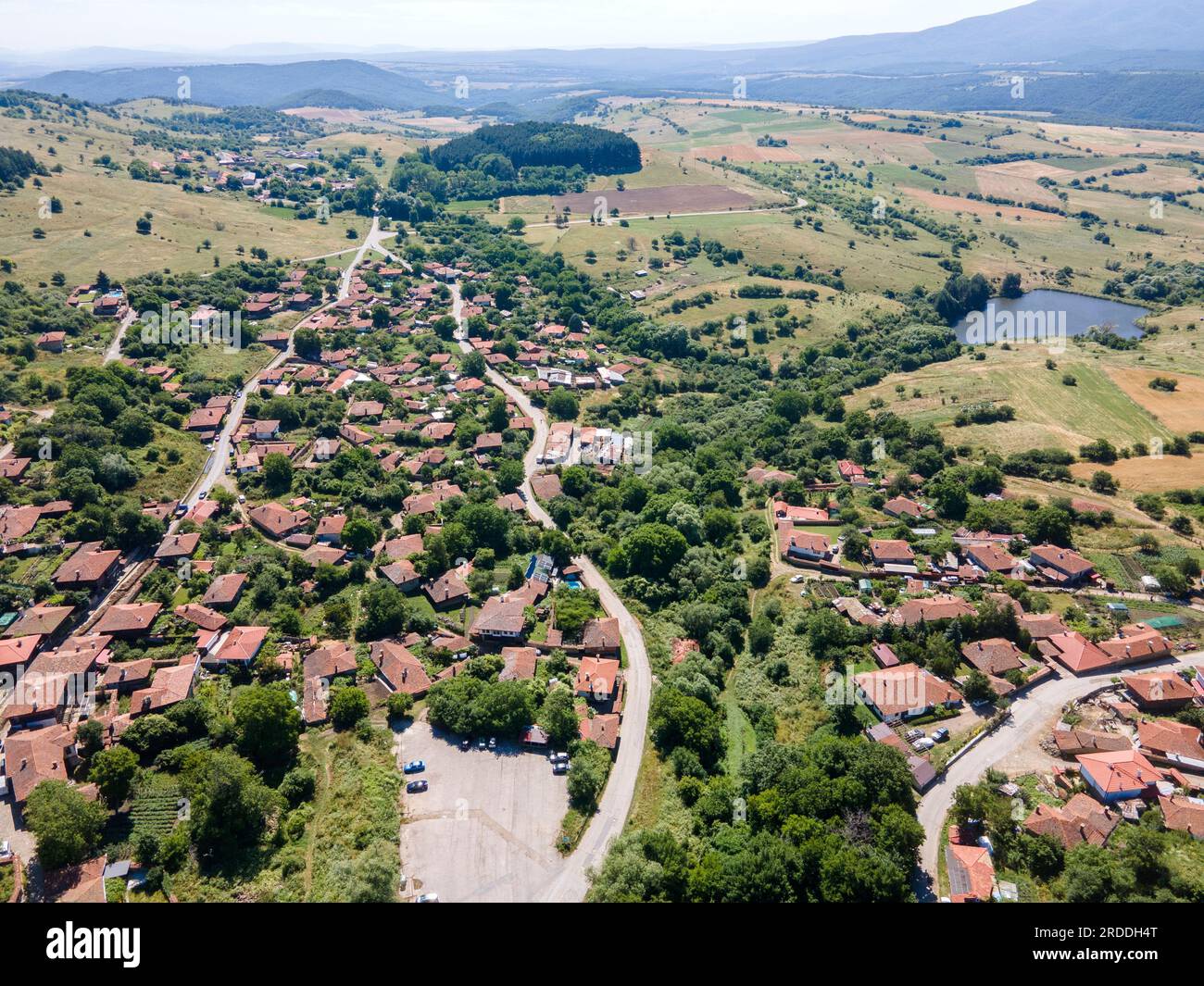 Aerial view of village of Zheravna with nineteenth century houses ...