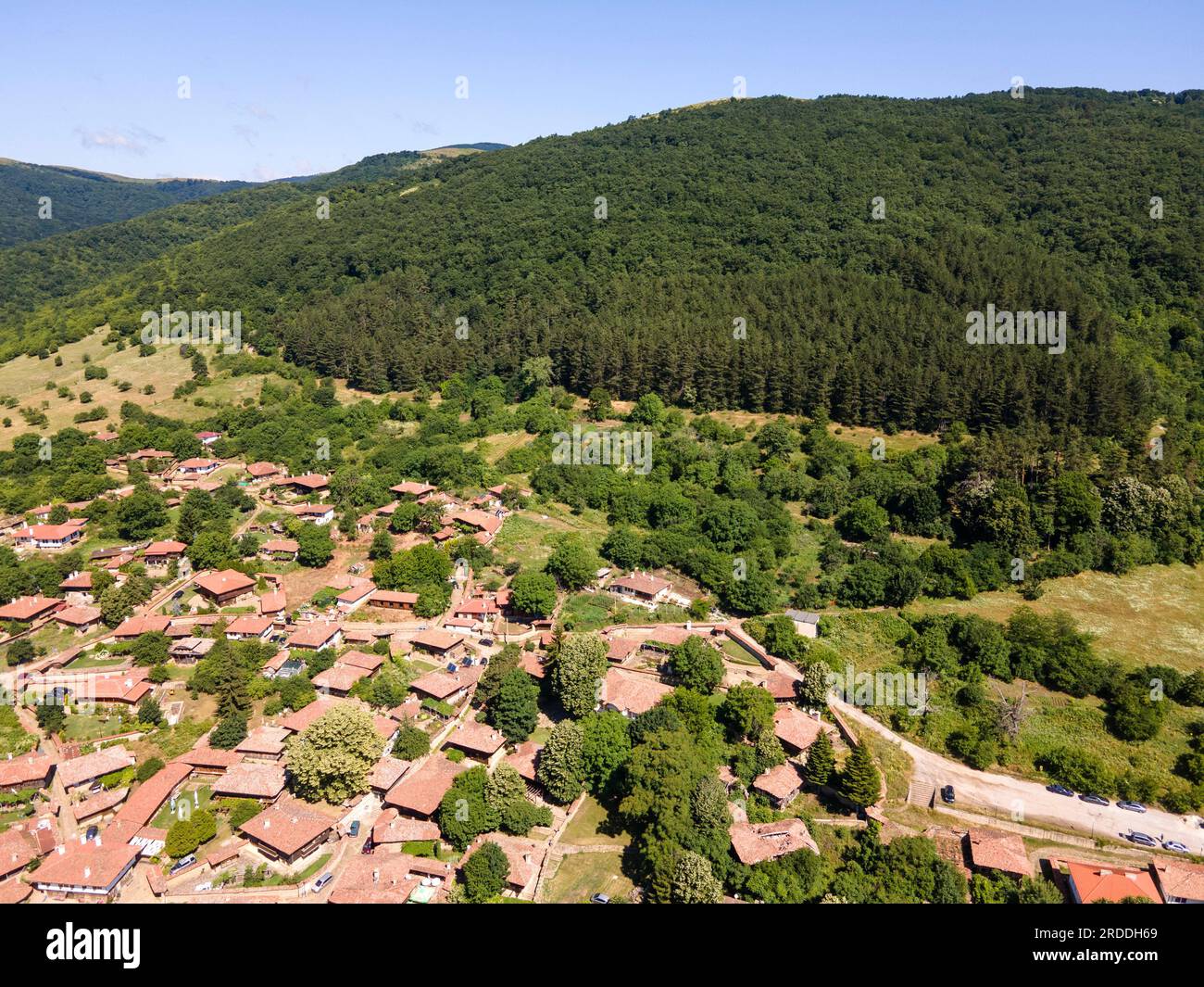 Aerial view of village of Zheravna with nineteenth century houses ...