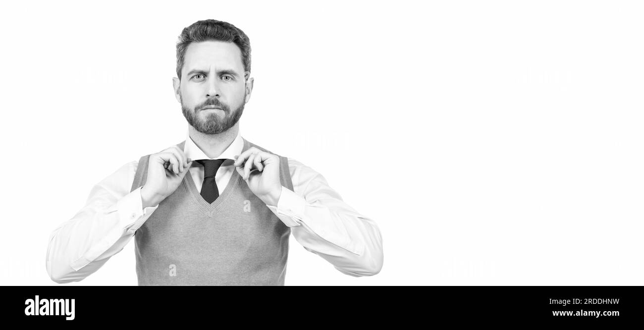 Man face portrait, banner with copy space. formal businessman isolated ...