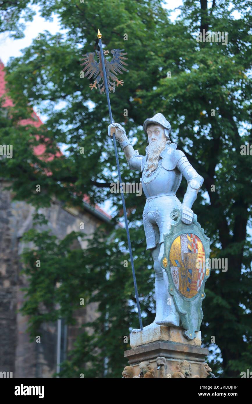 Hopfenbrunnen built 1573 with knight in armor, spear and shield with ...