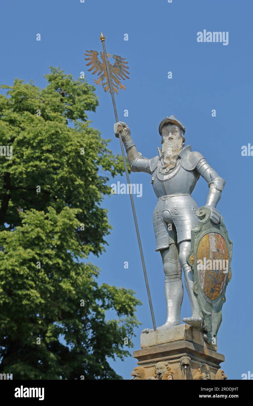 Hopfenbrunnen built 1573 with knight in armor, spear and shield with ...