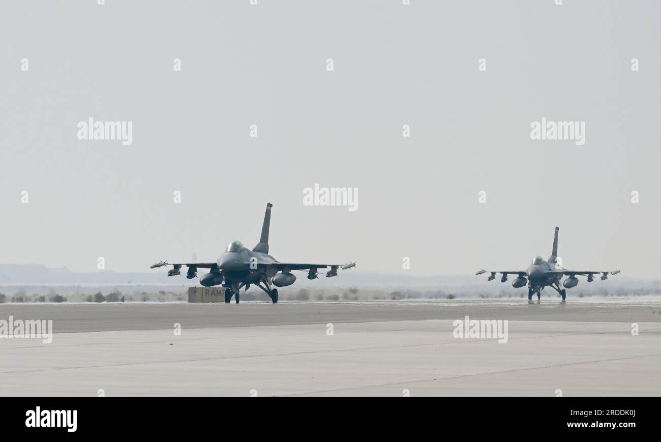 Two U.S. Air Force F-16 Fighting Falcons assigned to the 555th ...