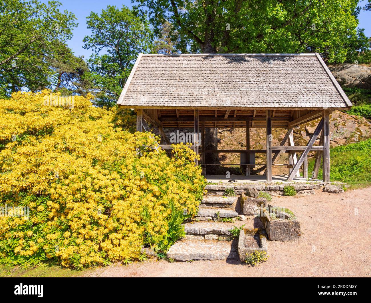A wooden garden house in the middle of flowering plants in the ...